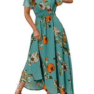 Simplee Women Casual Boho Floral Maxi Dress Flowy Long Wedding Guest Dress Holiday Beach V Neck Short Sleeve Maternity Dress (L Turquoise)