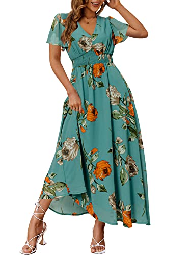 Simplee Women Casual Boho Floral Maxi Dress Flowy Long Wedding Guest Dress Holiday Beach V Neck Short Sleeve Maternity Dress (L Turquoise)