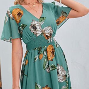 Simplee Women Casual Boho Floral Maxi Dress Flowy Long Wedding Guest Dress Holiday Beach V Neck Short Sleeve Maternity Dress (L Turquoise)