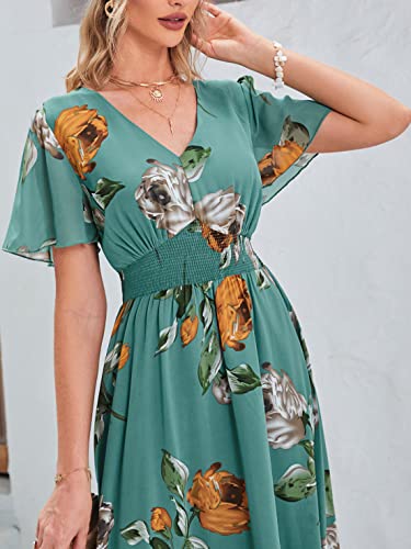 Simplee Women Casual Boho Floral Maxi Dress Flowy Long Wedding Guest Dress Holiday Beach V Neck Short Sleeve Maternity Dress (L Turquoise)