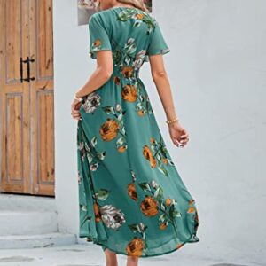 Simplee Women Casual Boho Floral Maxi Dress Flowy Long Wedding Guest Dress Holiday Beach V Neck Short Sleeve Maternity Dress (L Turquoise)