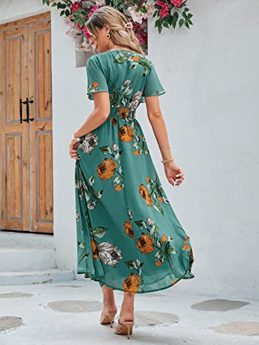 Simplee Women Casual Boho Floral Maxi Dress Flowy Long Wedding Guest Dress Holiday Beach V Neck Short Sleeve Maternity Dress (L Turquoise)