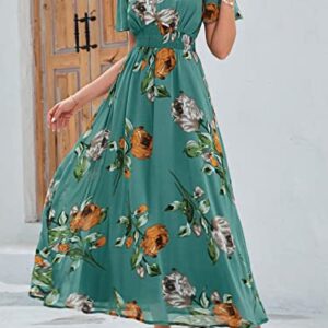 Simplee Women Casual Boho Floral Maxi Dress Flowy Long Wedding Guest Dress Holiday Beach V Neck Short Sleeve Maternity Dress (L Turquoise)