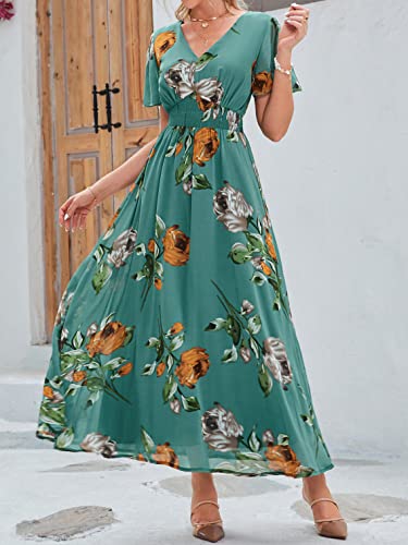 Simplee Women Casual Boho Floral Maxi Dress Flowy Long Wedding Guest Dress Holiday Beach V Neck Short Sleeve Maternity Dress (L Turquoise)