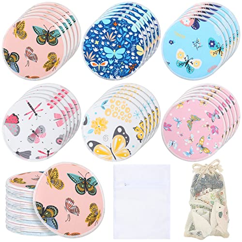 Lounsweer 30 Pcs Reusable Breast Pads Floral Bamboo Nursing Pads Nipple Pads for Breastfeeding Washable Nipple Cover Breastfeeding Essentials with Wet Bag and Laundry Bag for Mom Women Gift, 6 Styles