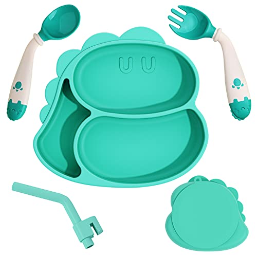 Deejoy Baby Feeding Set, Toddler eating Utensil set with Spoon Fork and Removable Straw for Self Feeding, Baby Led Weaning Utensils Microwave & Dishwasher Safe - Green