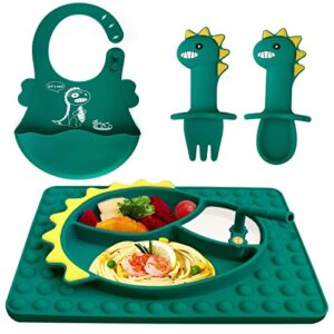 kiytarboo baby feeding supplies for kids and toddlers - baby led weaning supplies includes plate, baby bib, fork and spoon utensils flatware baby eating set - durable, dishwasher safe -dinosaur