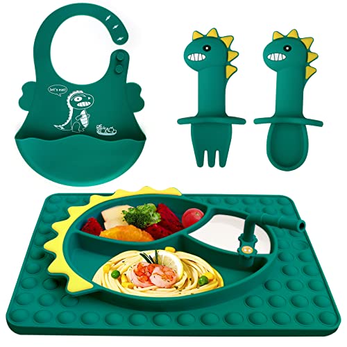 KIYTARBOO Baby Feeding Supplies for Kids and Toddlers - Baby Led Weaning Supplies Includes Plate, Baby Bib, Fork and Spoon Utensils Flatware Baby Eating Set - Durable, Dishwasher Safe -Dinosaur