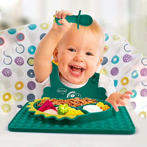 KIYTARBOO Baby Feeding Supplies for Kids and Toddlers - Baby Led Weaning Supplies Includes Plate, Baby Bib, Fork and Spoon Utensils Flatware Baby Eating Set - Durable, Dishwasher Safe -Dinosaur