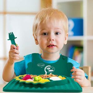 KIYTARBOO Baby Feeding Supplies for Kids and Toddlers - Baby Led Weaning Supplies Includes Plate, Baby Bib, Fork and Spoon Utensils Flatware Baby Eating Set - Durable, Dishwasher Safe -Dinosaur