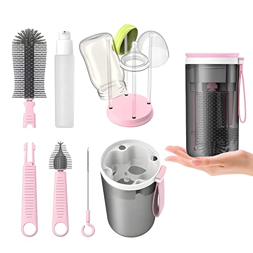 Travel Baby Bottle Brush Set, AivaToba Baby Bottle Cleaning Set with Portable Drying Rack, Silicone Bottle Brush, Nipple Brush, Straw Brush, Soap Dispenser, Gift for New Moms-Pink