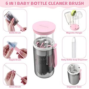 Travel Baby Bottle Brush Set, AivaToba Baby Bottle Cleaning Set with Portable Drying Rack, Silicone Bottle Brush, Nipple Brush, Straw Brush, Soap Dispenser, Gift for New Moms-Pink