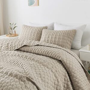 beige quilt queen size bedding sets with pillow shams, lightweight soft bedspread coverlet, quilted blanket thin comforter bed cover, all season summer spring, tan cream, 3 pieces, 90x90 inches