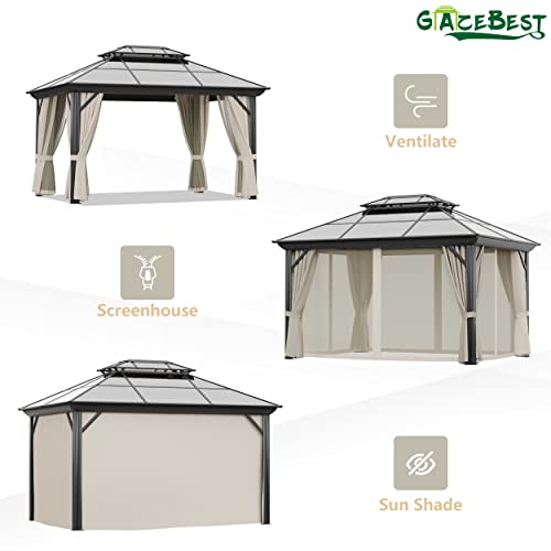 GAZEBEST 10'x13' Hardtop Gazebo Outdoor Polycarbonate Double Roof Patio Gazebo Aluminum Frame Gazebo Canopy with Netting and Curtains,for Garden Patio,Patio Backyard,Deck and Lawns