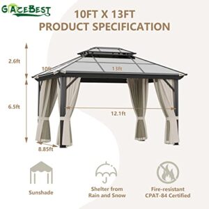 GAZEBEST 10'x13' Hardtop Gazebo Outdoor Polycarbonate Double Roof Patio Gazebo Aluminum Frame Gazebo Canopy with Netting and Curtains,for Garden Patio,Patio Backyard,Deck and Lawns