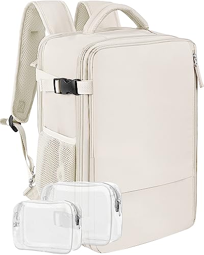 Snoffic Carry-on Travel Backpack, 17.3 Inch TSA-Friendly Laptop Travel Backpack, Waterproof Weekender Daypack Bag for Work Business Hiking Traveling Gift Bookbag (Beige)