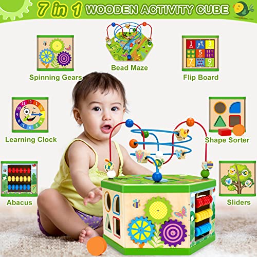 V-Opitos Learning Toys for Toddler 1, 2, 3 Years Old, 7 in 1 Wooden Activity Cube, Montessori Early Educational Toys for Baby, 12-18 Months, Ideal First Birthday Gifts for Kids Girl