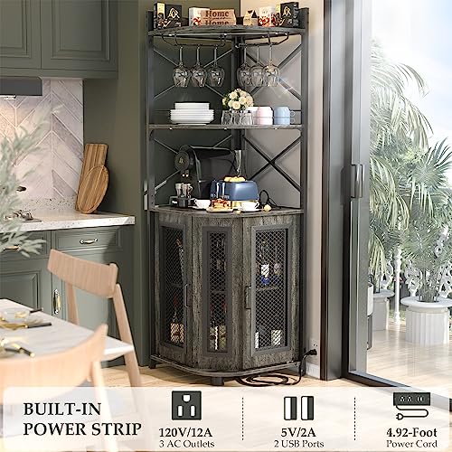 Aheaplus Corner Bar Cabinet with Power Outlet, Industrial Wine Cabinet with LED Strip and Glass Holder, 5-Tiers Liquor Cabinet Bar Unit for Home, Corner Display Cabinet for Small Space, Grey Oak