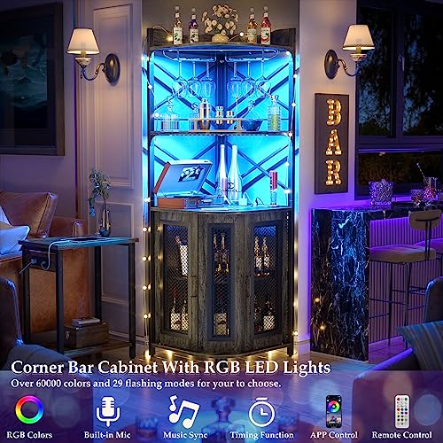 Aheaplus Corner Bar Cabinet with Power Outlet, Industrial Wine Cabinet with LED Strip and Glass Holder, 5-Tiers Liquor Cabinet Bar Unit for Home, Corner Display Cabinet for Small Space, Grey Oak