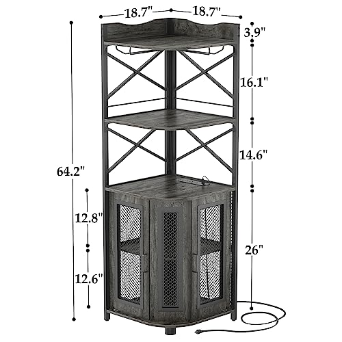 Aheaplus Corner Bar Cabinet with Power Outlet, Industrial Wine Cabinet with LED Strip and Glass Holder, 5-Tiers Liquor Cabinet Bar Unit for Home, Corner Display Cabinet for Small Space, Grey Oak