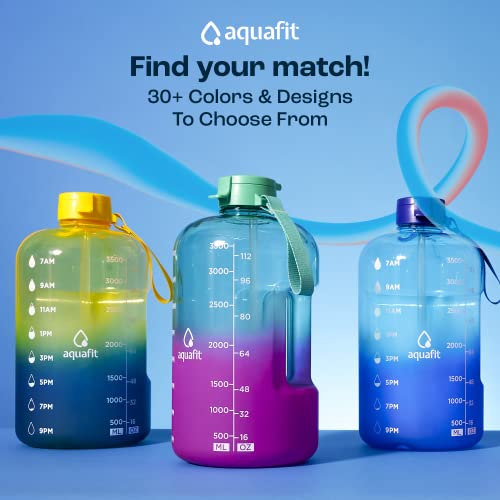 AQUAFIT Half Gallon Water Bottle With Time Marker - 64 oz Water Bottle With Straw - Gym Water Bottle With Strap - Big Water Bottle - Reusable Water Bottles With Straw - Large Water Bottle With Handle