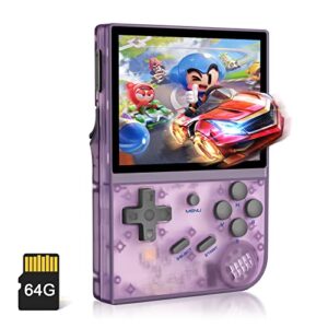 anbernic rg35xx handheld game console retro games consoles with 3.5 inch ips screen 64g tf card 5474 classic games 2100mah battery support linux, hdmi and tv output purple