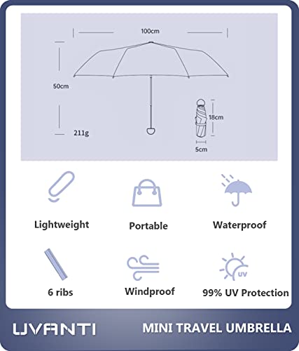 UVANTI Umbrella Small Mini Umbrella with Case - 6 Ribs Light Folding Compact Travel Umbrella Lightweight Portable Parasol for Backpack Purse - Sun & Rain Pocket UV Umbrellas for Kids Girls Boys Women