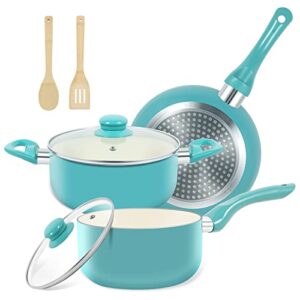 pots and pans set ultra nonstick, pre-assembled 7 piece ceramic cookware sets, non toxic pots and pans, stay cool handle & bamboo kitchen utensils, gas/induction compatible, 100% pfoa free, turquoise