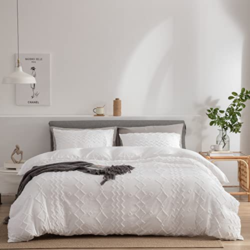 Boho Duvet Cover Twin, 3 Pieces Boho Tufted Bedding Set for All Seasons, Soft Microfiber Bohemian Embroidery Shabby Chic Style 2 Pillowcases 1 Boho Duvet Cover, Lightweight Comfortable (White, Twin)