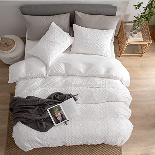 Boho Duvet Cover Twin, 3 Pieces Boho Tufted Bedding Set for All Seasons, Soft Microfiber Bohemian Embroidery Shabby Chic Style 2 Pillowcases 1 Boho Duvet Cover, Lightweight Comfortable (White, Twin)