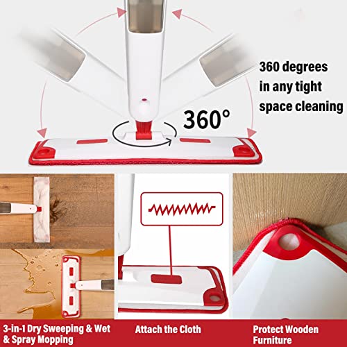 Spray Mop for Floor Cleaning, Washable Reusable 2 Pads Refillable Spray Bottle for Easy Wet Dry Mopping Dust Flat Mops for Hardwood Laminate Tile Floors wih 18 Inch Pad