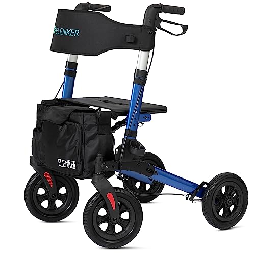 ELENKER All-Terrain Rollator Walker with Seat, Outdoor Rolling Walker, 10” Non-Pneumatic Tire Wheels Compact Folding Design for Seniors, Blue