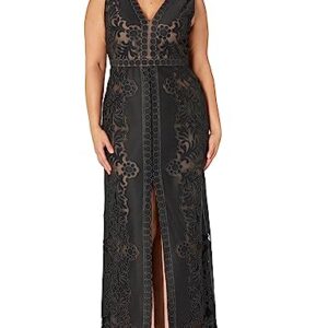 BCBGMAXAZRIA Women's V Neck Sleeveless Long Burnout Lace Column Dress, Black, 10