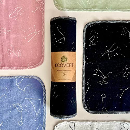 ECOVERT Reusable Paper Towels - 15 Pack with Special Cardboard Roll - Highly Absorbent 10X10inches 100% Cotton Flannel Napkins - Eco Friendly Paperless Alternative - Constellation Design (Stars)