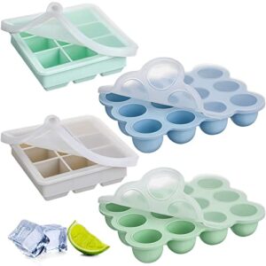 hoolerry 4 pcs silicone baby food freezer tray with clip on lid baby food storage containers milk trays for breastmilk silicone ice cube trays for vegetable fruit puree, 2 styles (gray, green, blue)