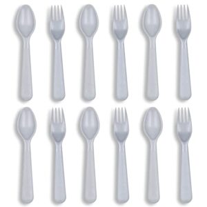 muulaii 12 pcs plastics toddler utensils kids silverware baby spoons and forks set baby feeding dinnerware utensils bpa free microwave dishwasher and freezer safe (grey)