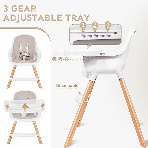 Convertible High Chair, 3 in 1 High Chairs for Babies and Toddlers, Baby High Chair with Adjustable Legs and Double Dishwasher Safe Tray, Made of Sleek Hardwood and Premium Leatherette