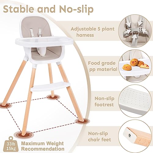 Convertible High Chair, 3 in 1 High Chairs for Babies and Toddlers, Baby High Chair with Adjustable Legs and Double Dishwasher Safe Tray, Made of Sleek Hardwood and Premium Leatherette