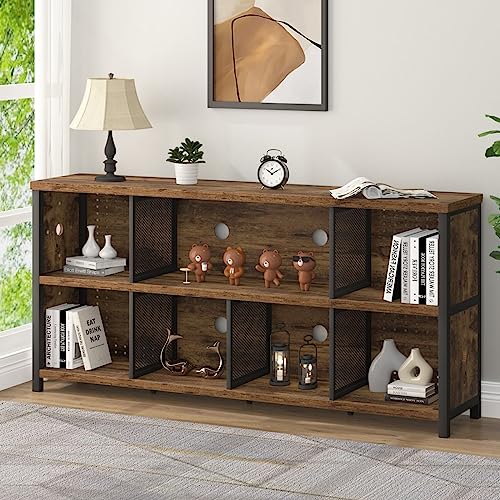 LVB Rustic Horizontal Bookshelf, Industrial Bookcase Cube Storage Organizer, Wide Large Metal Wooden Office Cube Shelf, Farmhouse Low Long Book Shelf for Home Bedroom Living Room, Rustic Brown, 63 in