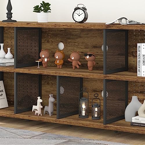 LVB Rustic Horizontal Bookshelf, Industrial Bookcase Cube Storage Organizer, Wide Large Metal Wooden Office Cube Shelf, Farmhouse Low Long Book Shelf for Home Bedroom Living Room, Rustic Brown, 63 in