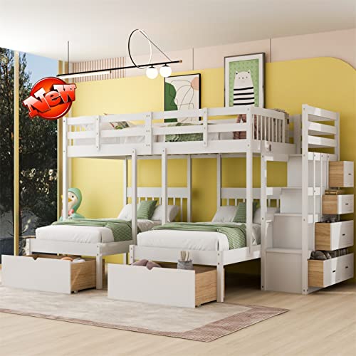 SNIFIT Latest Upgraded & Stronger Triple Bunk Bed Full Over 2 Twin Bunk Bed with Storage Drawers, Thickened Enhanced Solid Wood Triple Bunk Bed Frame with Safer Staircase, Easier to Assemble (White)