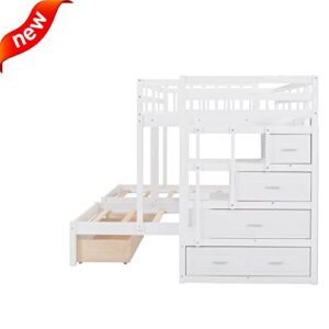 SNIFIT Latest Upgraded & Stronger Triple Bunk Bed Full Over 2 Twin Bunk Bed with Storage Drawers, Thickened Enhanced Solid Wood Triple Bunk Bed Frame with Safer Staircase, Easier to Assemble (White)