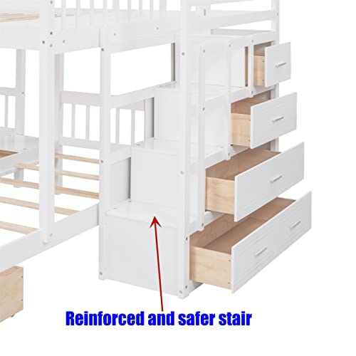 SNIFIT Latest Upgraded & Stronger Triple Bunk Bed Full Over 2 Twin Bunk Bed with Storage Drawers, Thickened Enhanced Solid Wood Triple Bunk Bed Frame with Safer Staircase, Easier to Assemble (White)