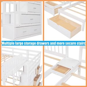 SNIFIT Latest Upgraded & Stronger Triple Bunk Bed Full Over 2 Twin Bunk Bed with Storage Drawers, Thickened Enhanced Solid Wood Triple Bunk Bed Frame with Safer Staircase, Easier to Assemble (White)