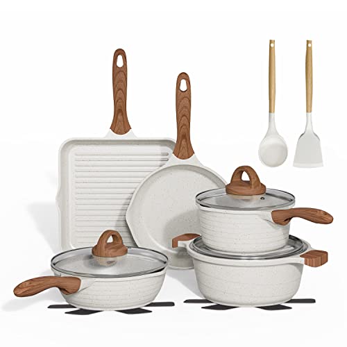 JEETEE Pots and Pans Set Nonstick 15PCS, Granite Coating Cookware Sets Induction Compatible with Frying Pan, Saucepan, Sauté Pan, Grill Pan, Cooking Pots, PFOA Free, (Beige, 15pcs Cookware Set)