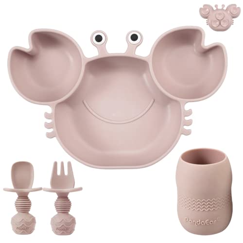 PandaEar Silicone Baby Feeding Set| Silicone Divided Suction Crab Plate and Tiny Cup with Spoons & Forks| Baby Led Weaning Supplies Self Feeding Eating Utensils -Pink