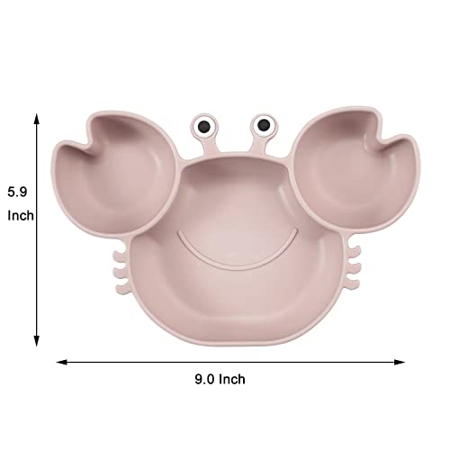 PandaEar Silicone Baby Feeding Set| Silicone Divided Suction Crab Plate and Tiny Cup with Spoons & Forks| Baby Led Weaning Supplies Self Feeding Eating Utensils -Pink