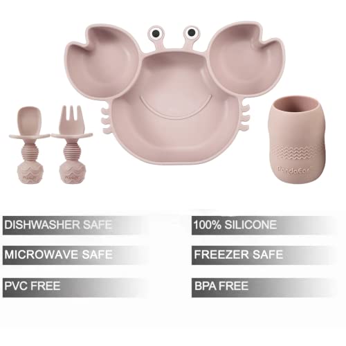 PandaEar Silicone Baby Feeding Set| Silicone Divided Suction Crab Plate and Tiny Cup with Spoons & Forks| Baby Led Weaning Supplies Self Feeding Eating Utensils -Pink