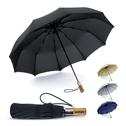 AKNW Portable Travel Umbrellas for Rain Windproof, 10 Ribs Auto Open Close Folding Umbrella with Wood Handle, Strong, Wind Resistant, Compact Small Umbrella for Backpack, Car, Purse, Black