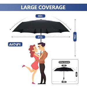 AKNW Portable Travel Umbrellas for Rain Windproof, 10 Ribs Auto Open Close Folding Umbrella with Wood Handle, Strong, Wind Resistant, Compact Small Umbrella for Backpack, Car, Purse, Black